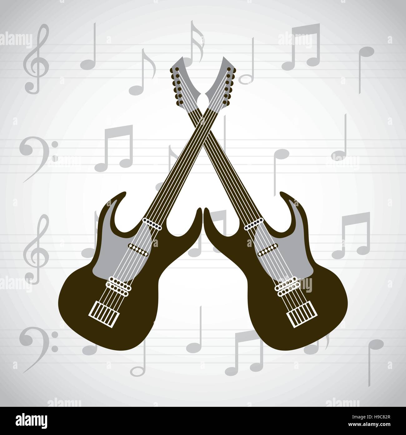 electric guitars crossed over white background with musical notes ...
