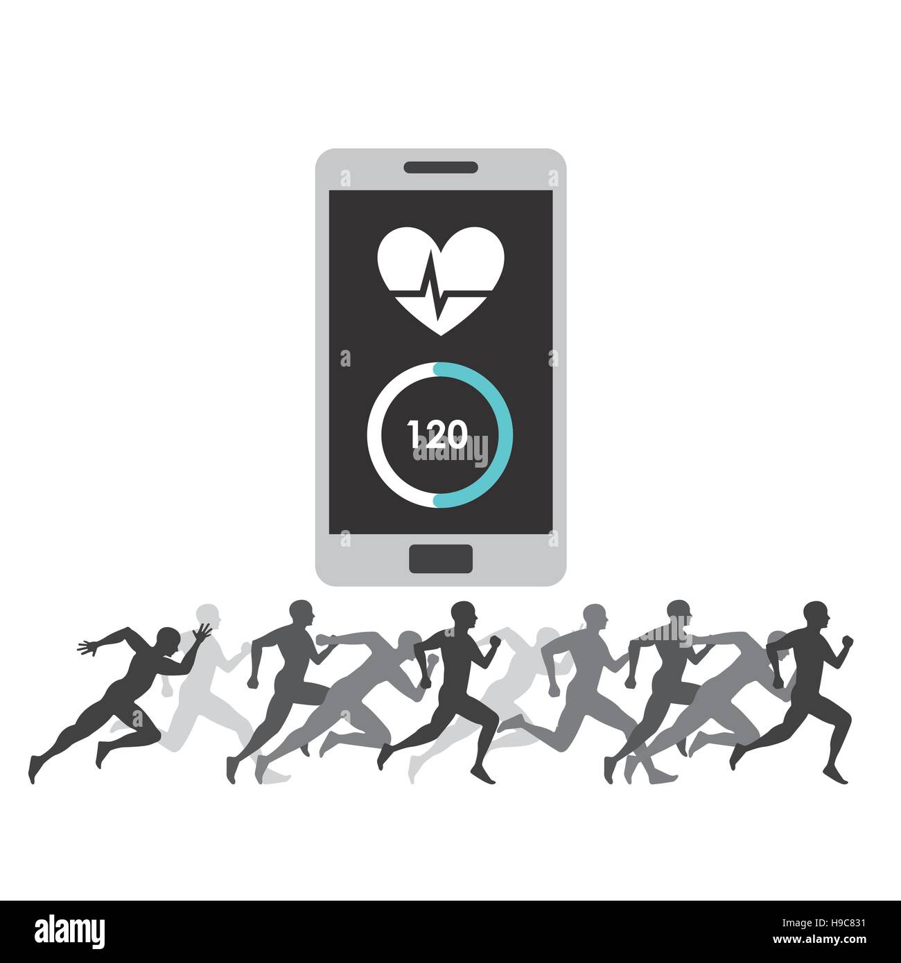 smartphone device with sport app and silhouette of people running over ...