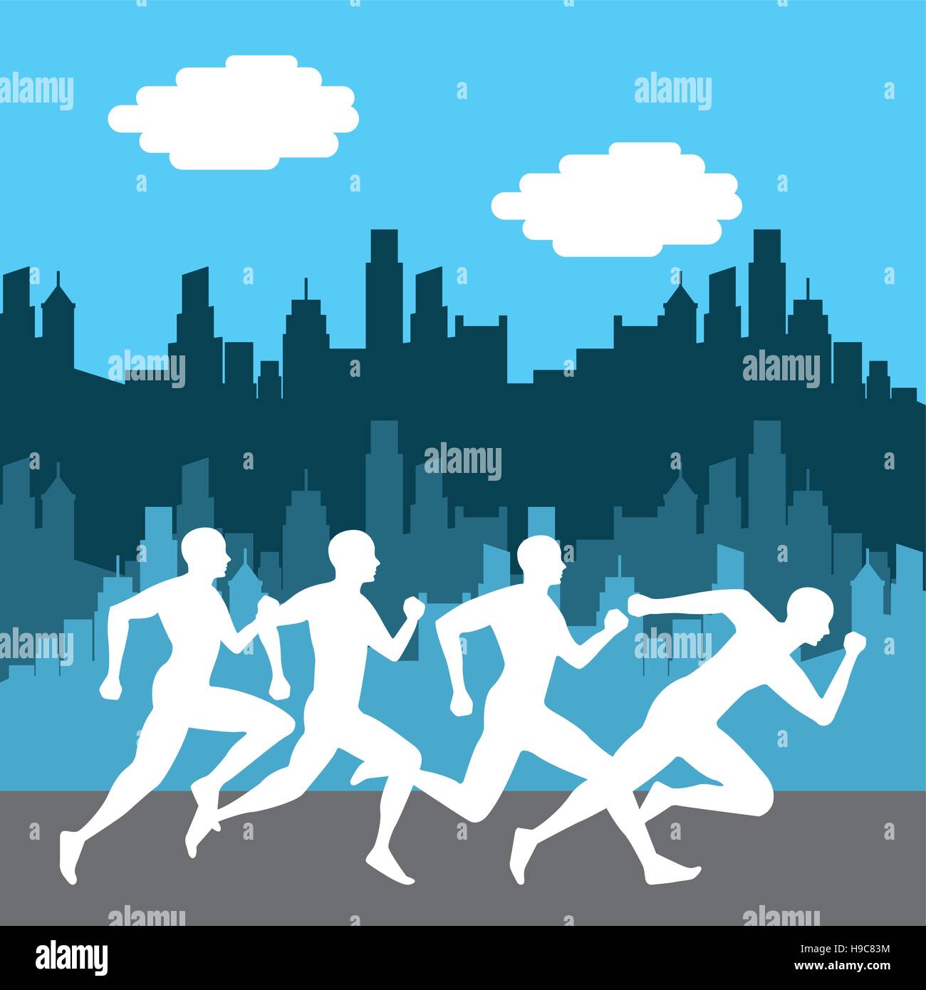 silhouette of people running over city background. marathon running ...