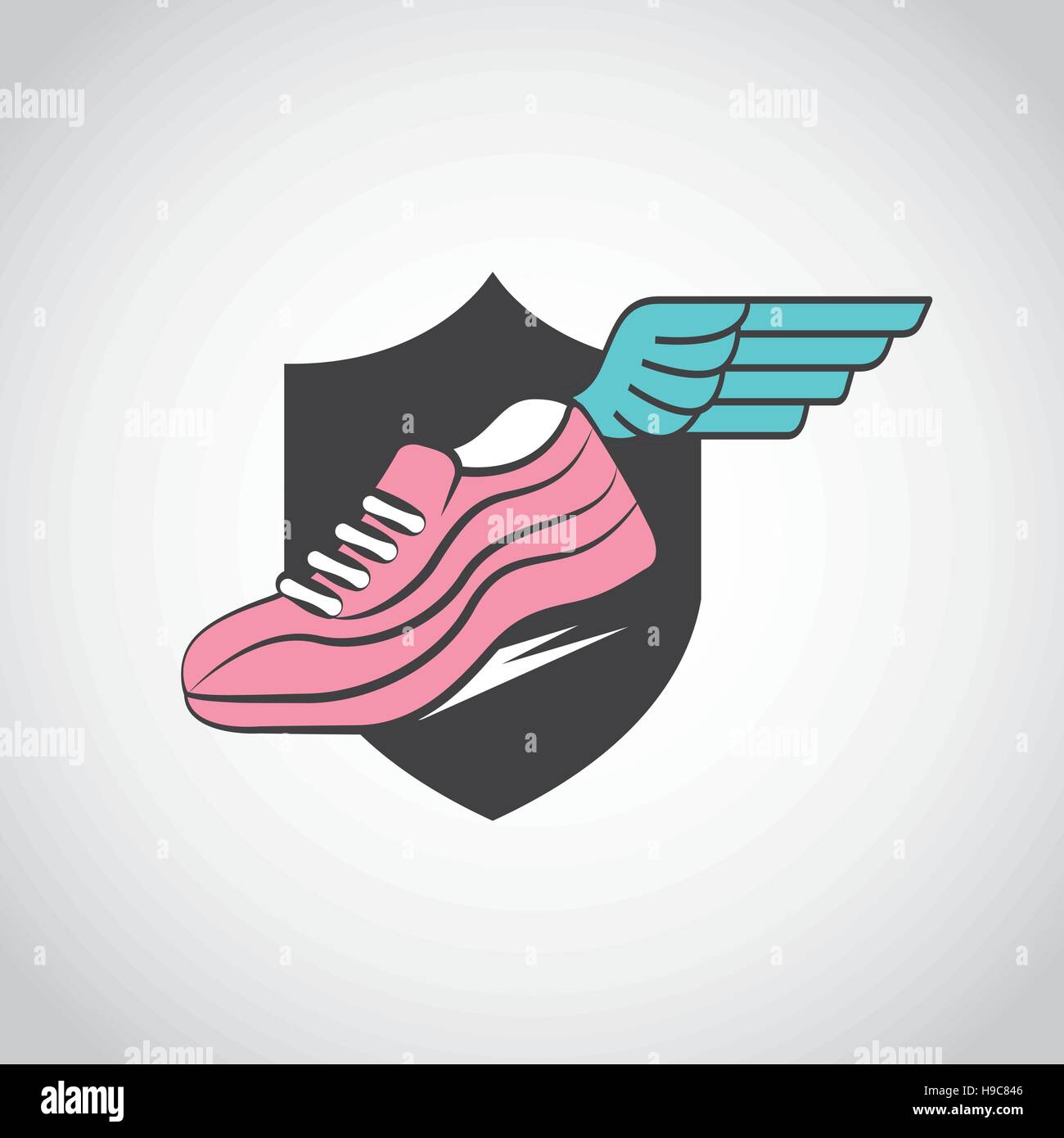 sport running shoues with wing over black shield and white background ...