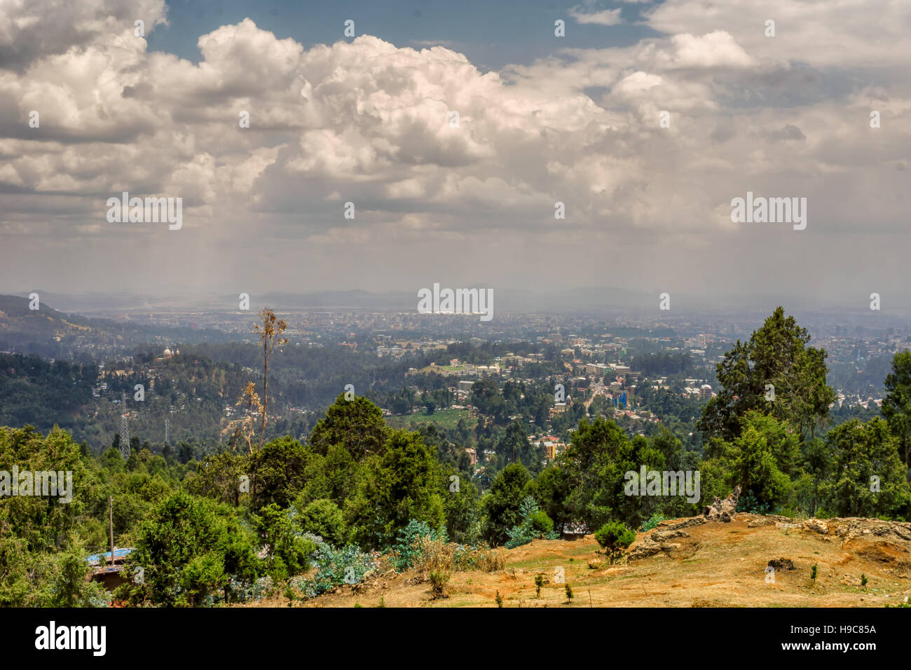 Aerial view of the landscape surrounding Addis Ababa from Mount Entoto ...