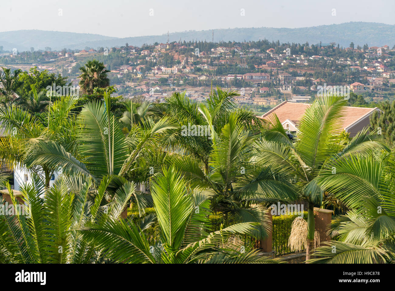 Aerial view of the Kigali, the capita city of Rwanda, from the hills on ...