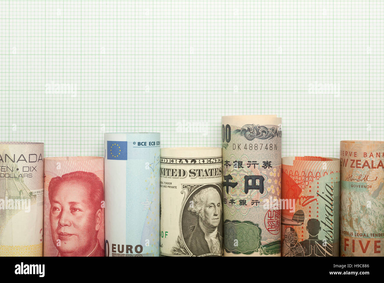 Different currencies forming a graph against grid background Stock ...
