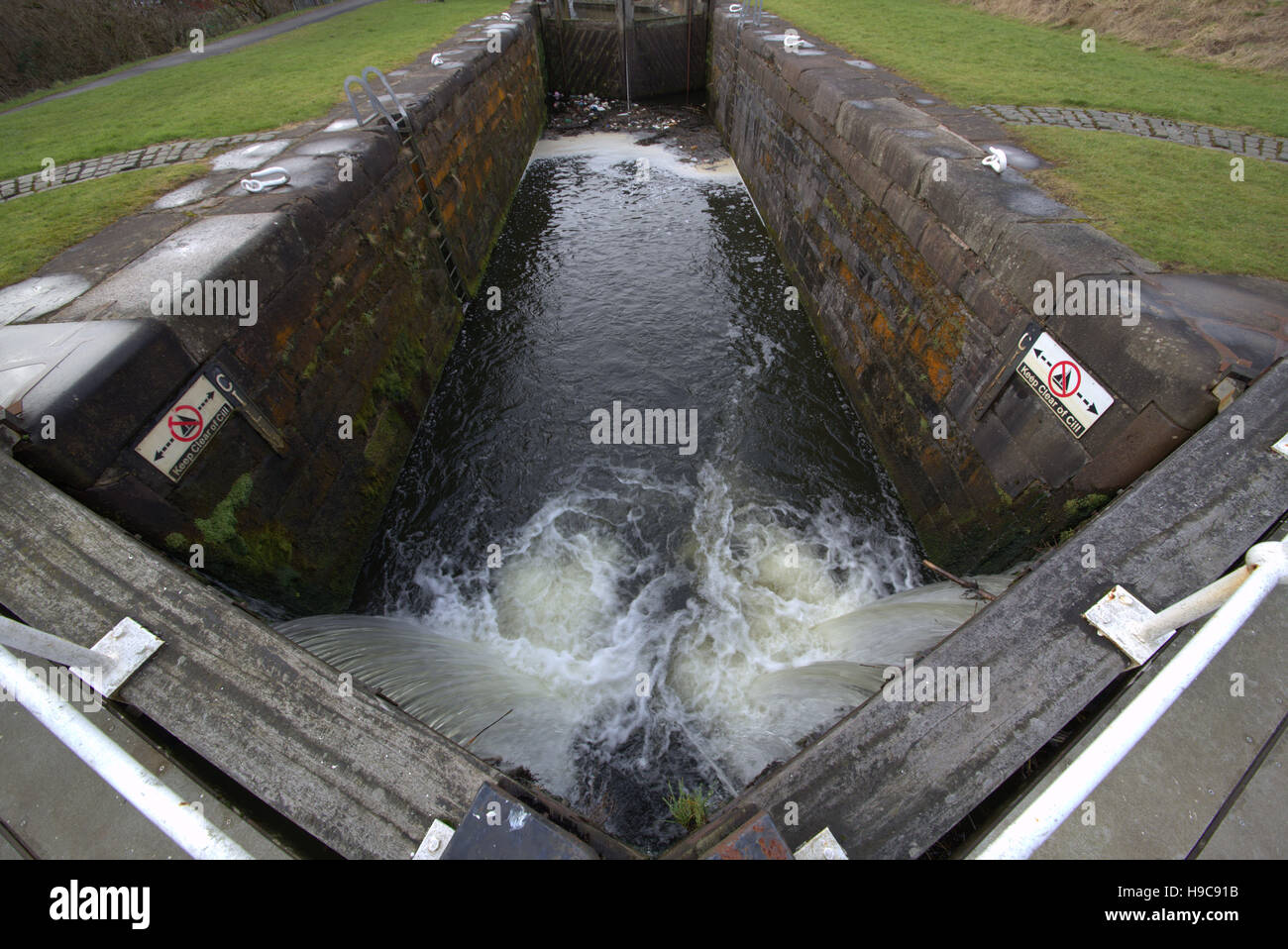 waterfall from a lock bridge on the Forth and Clyde canal, Glasgow ...