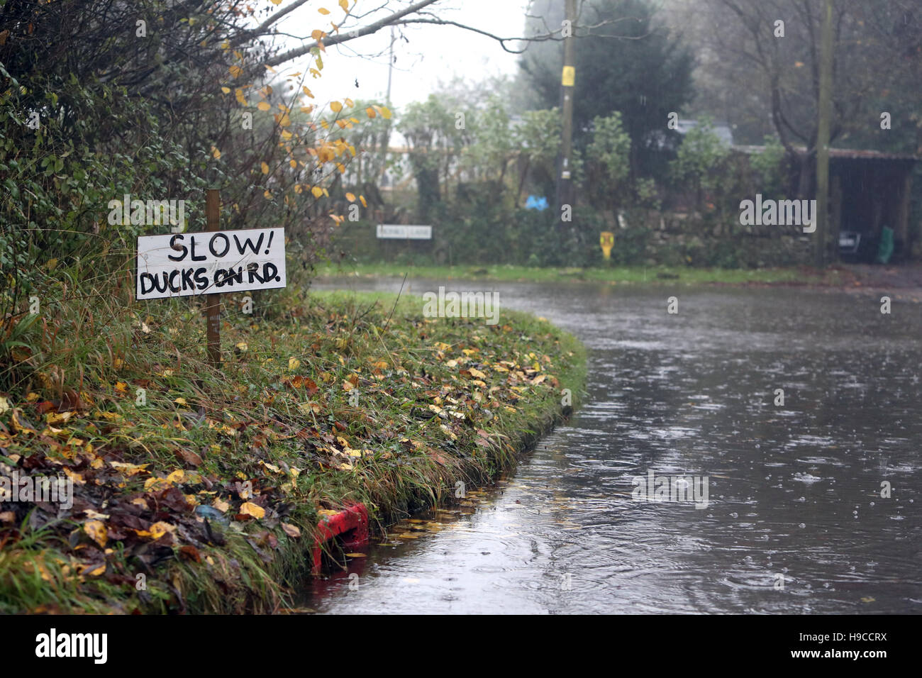 Sign by the road outside Neston, Wiltshire as Storm Angus continues to ...