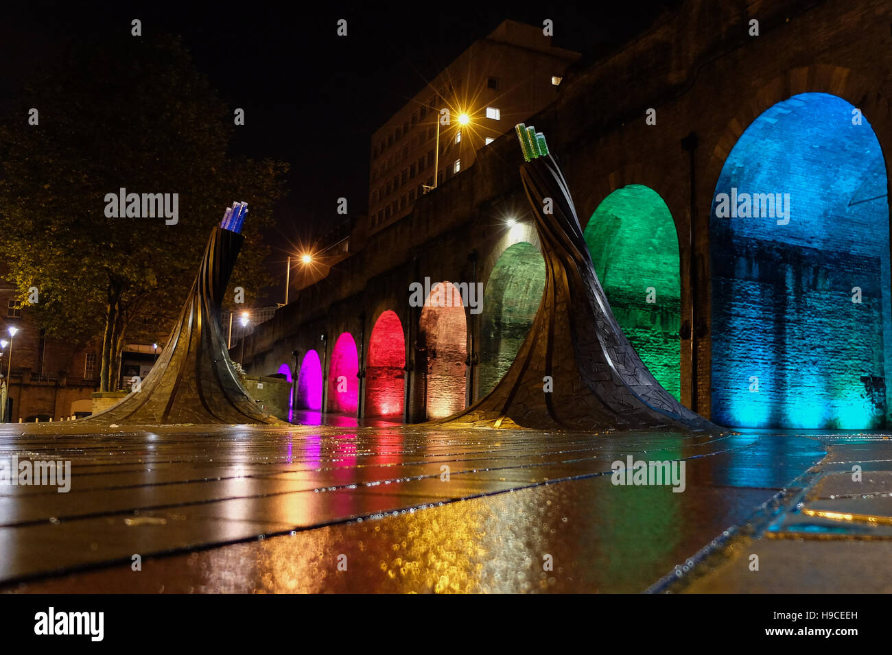 Illuminated arches near Bradford Forster Square, Railway Station, with ...