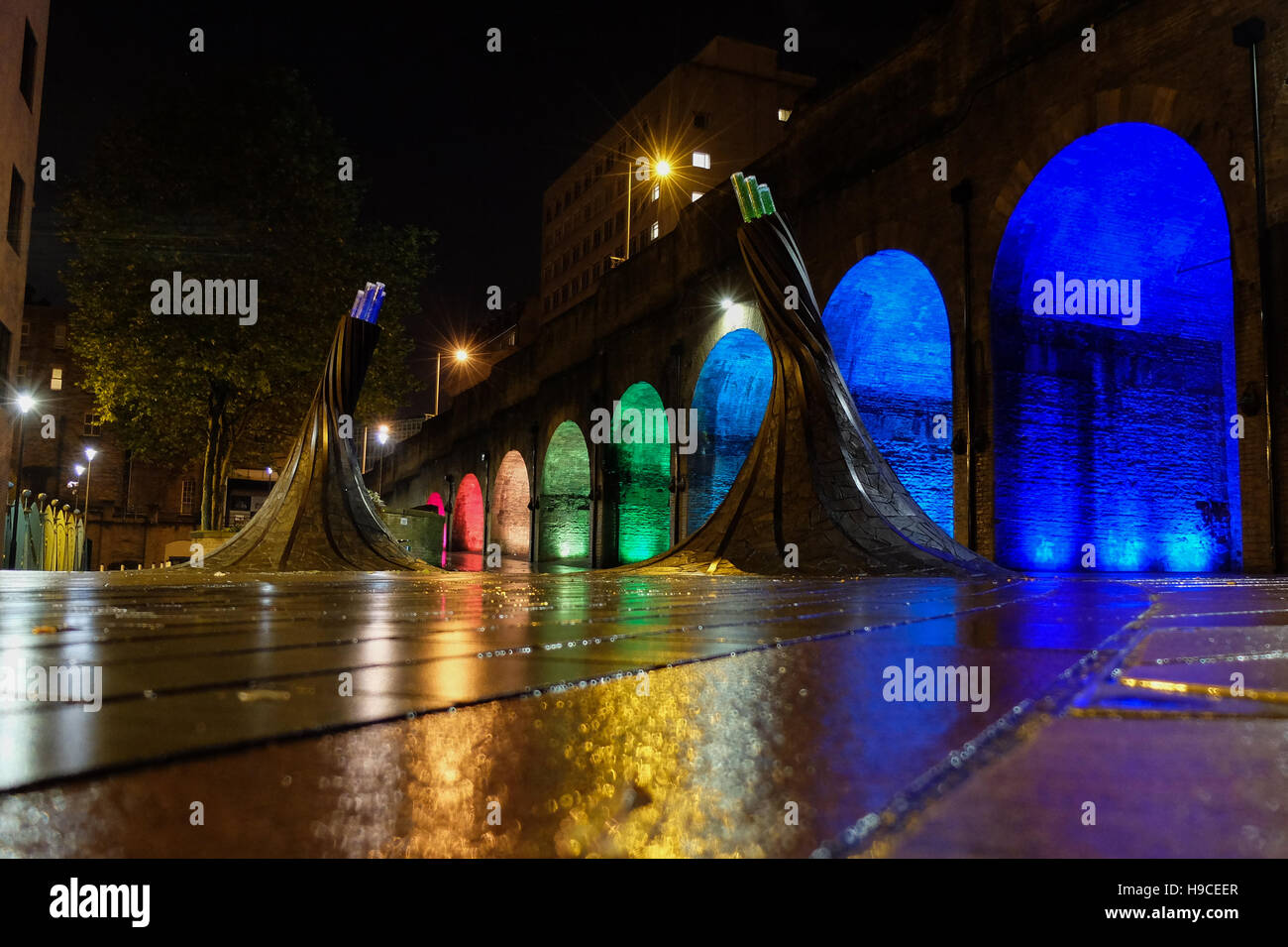 Illuminated arches near Bradford Forster Square, Railway Station, with ...