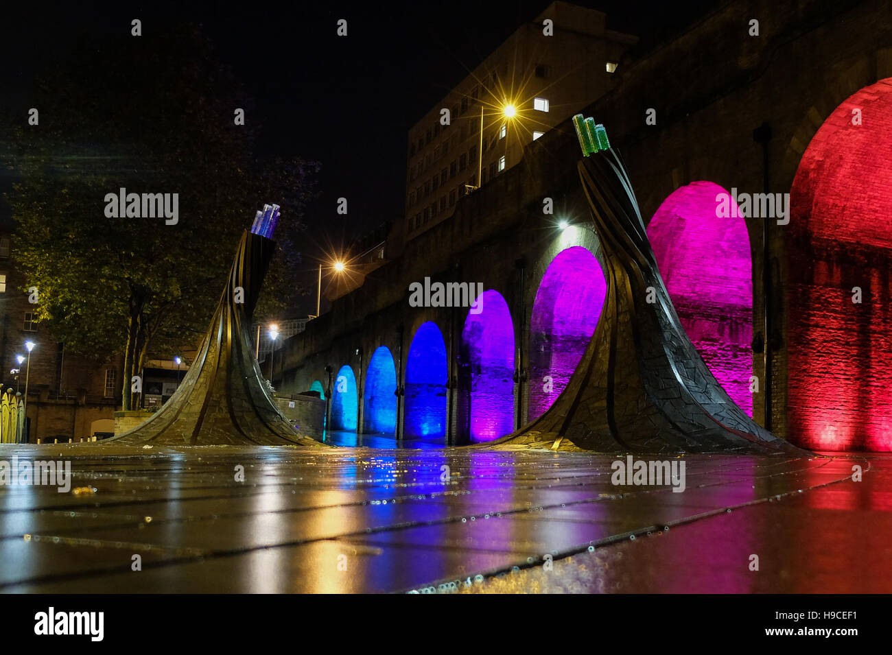 Illuminated arches near Bradford Forster Square, Railway Station, with ...