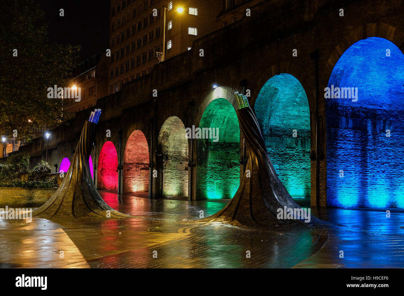 Illuminated arches near Bradford Forster Square, Railway Station, with ...