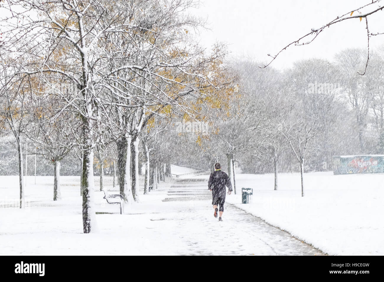 Jogger in Wibsey park, Bradford in Winter Stock Photo - Alamy