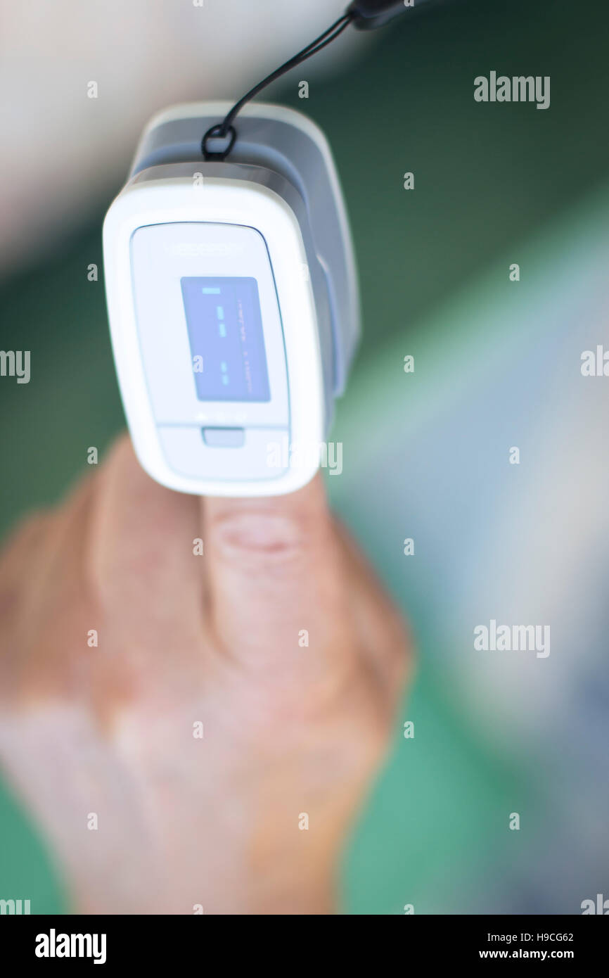 Portable hand held domestic cardiac finger pulse rate meter to show ...