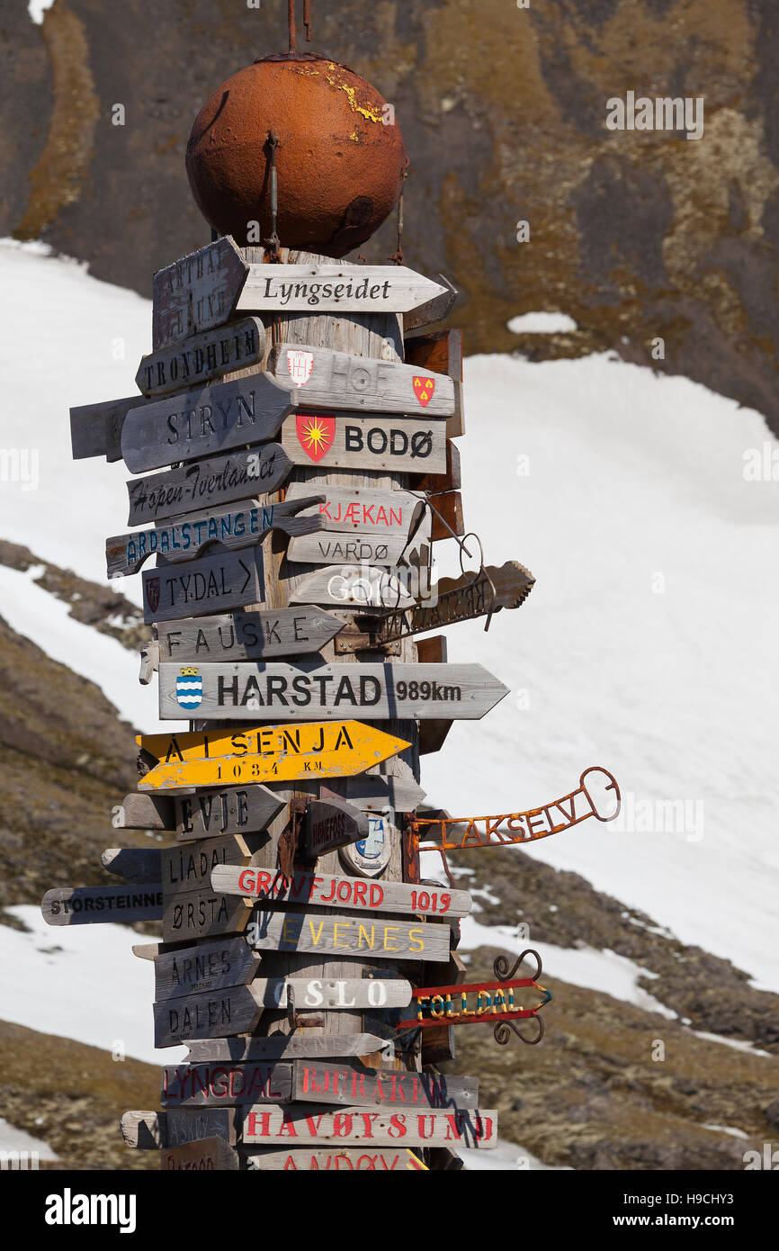 Landmark signpost with directions to civilization at Jan Mayen Island ...