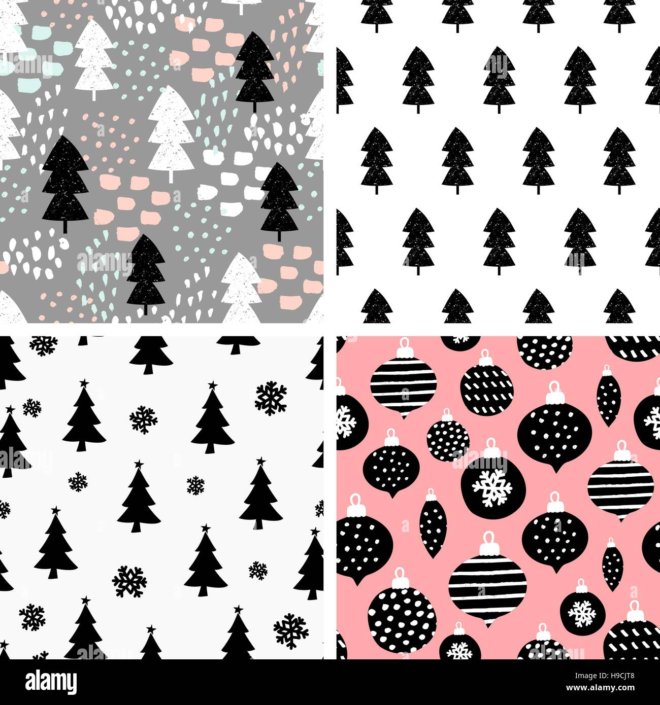 A set of four winter seamless repeat patterns with Christmas trees and ...