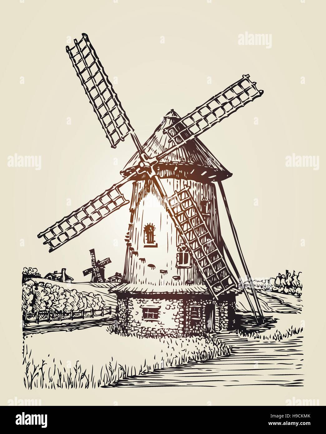Windmill, mill or bakery. Vintage hand drawn illustration Stock Vector ...