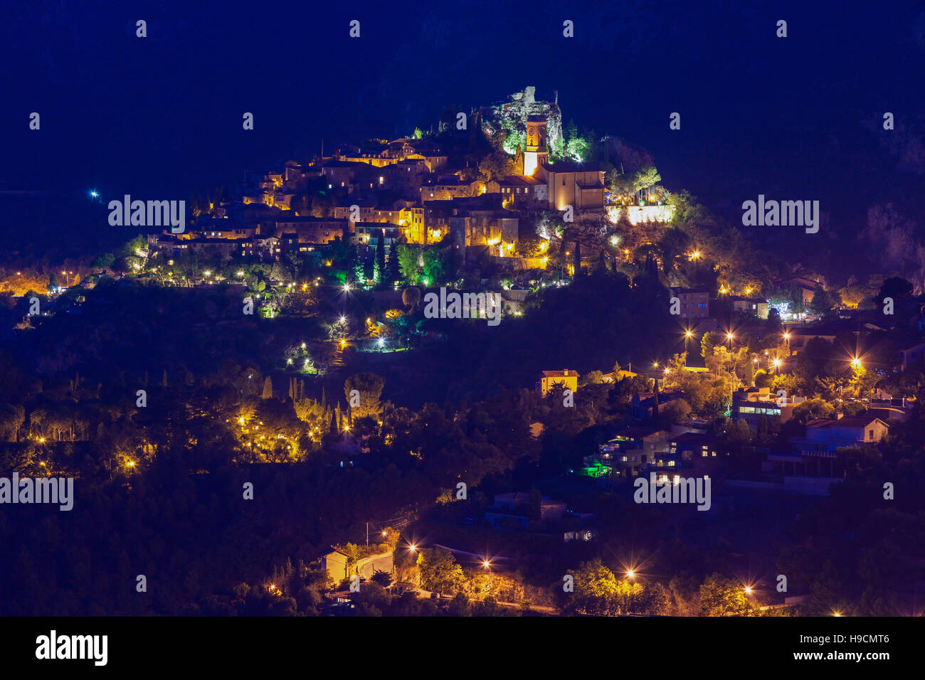 Eze panorama at night. Eze, Provence-Alpes-Cote d'Azur, France Stock ...