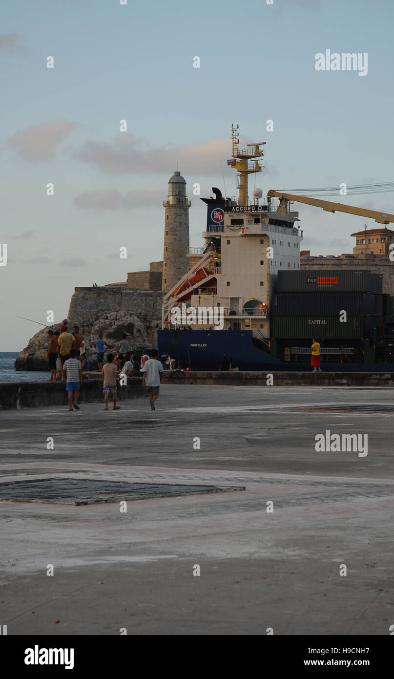 Havana, Cuba, Harbour Entrance, Container Ship, Lighthouse Stock Photo ...