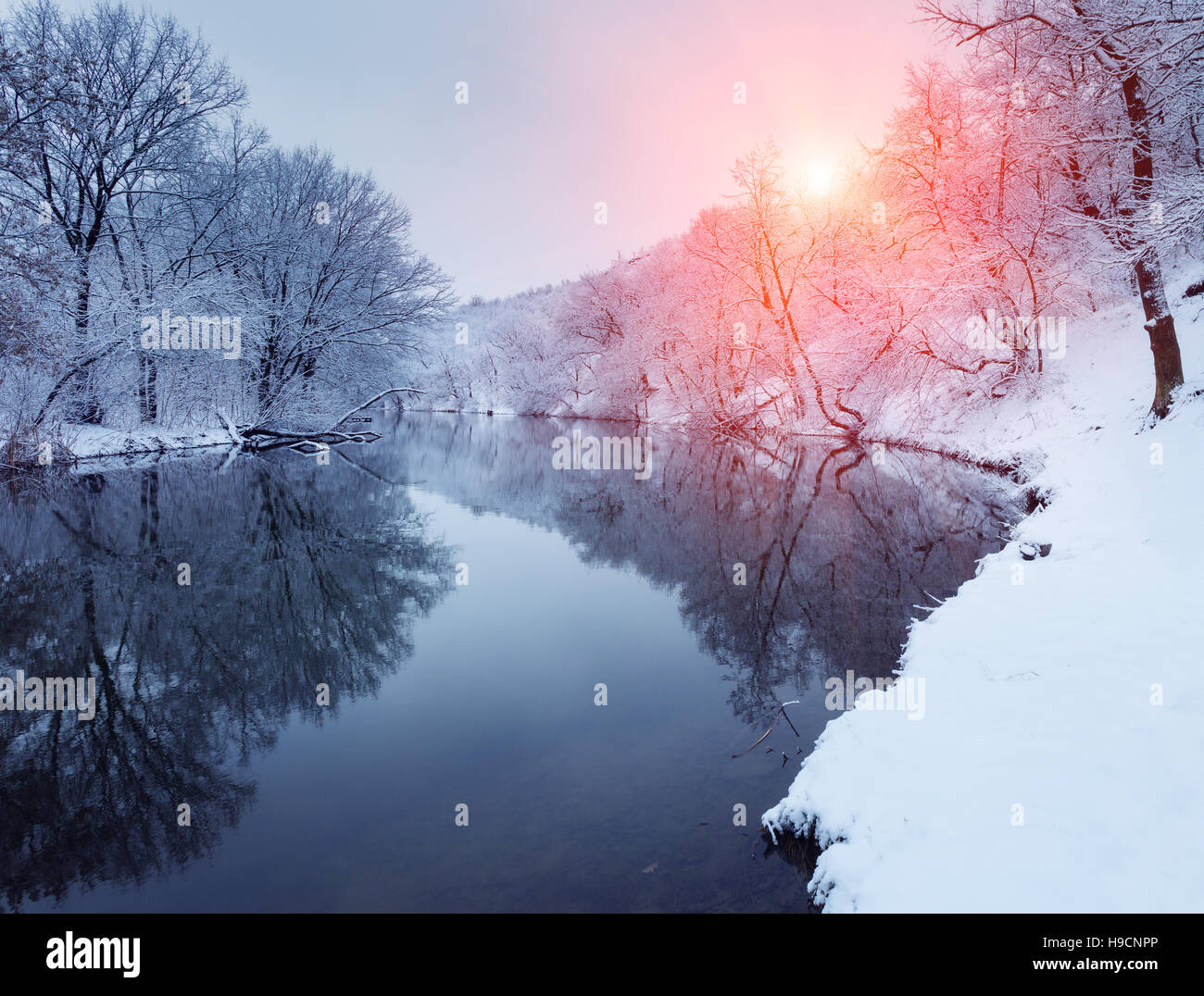 Winter forest on the river at sunset. Colorful landscape with snowy ...