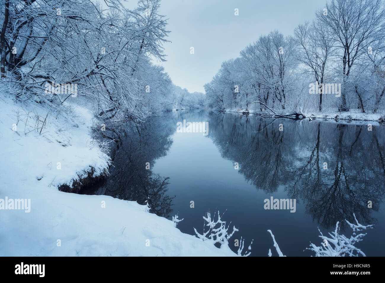 Winter forest on the river at sunset. Colorful landscape with snowy ...