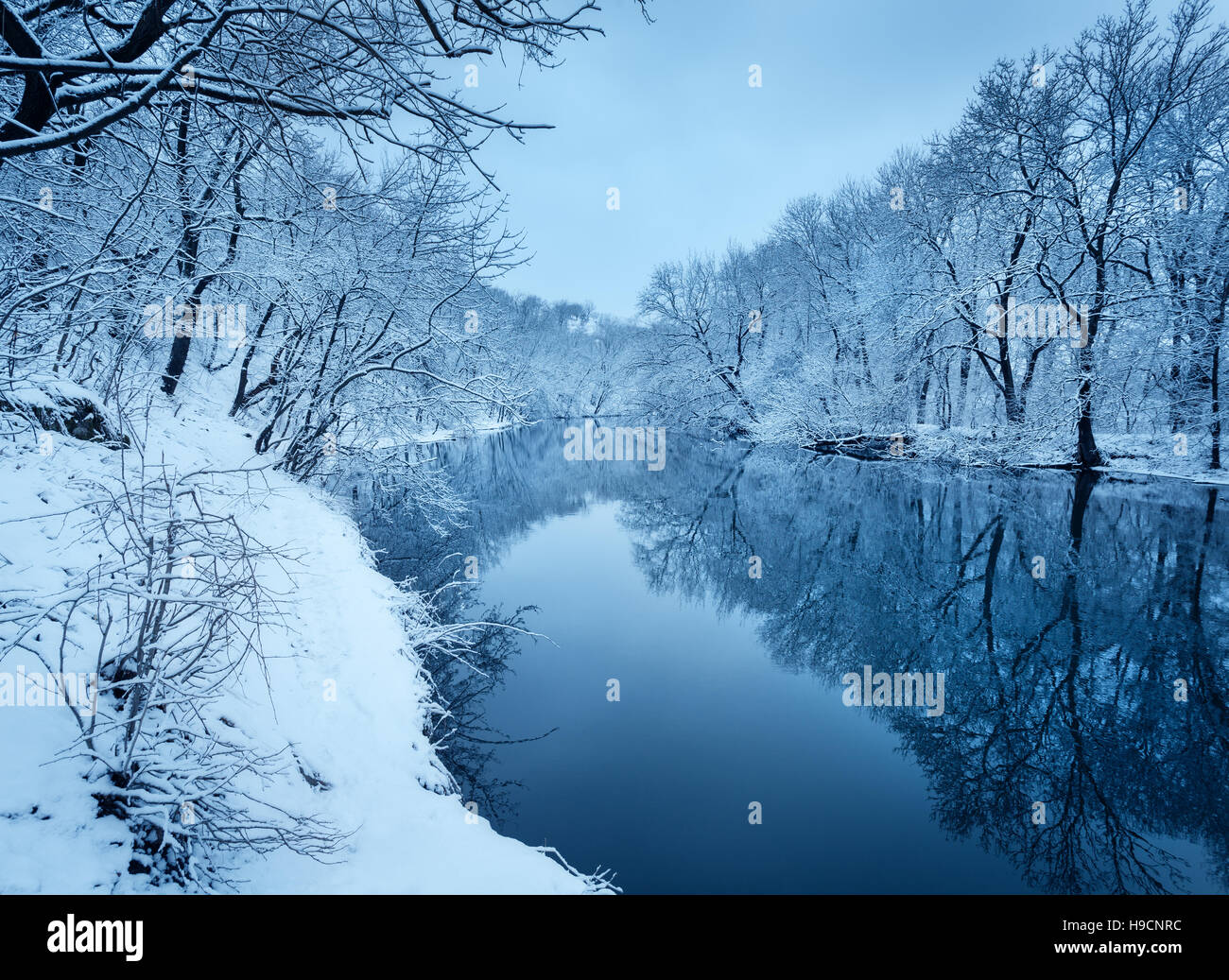 Winter forest on the river at sunset. Colorful landscape with snowy ...