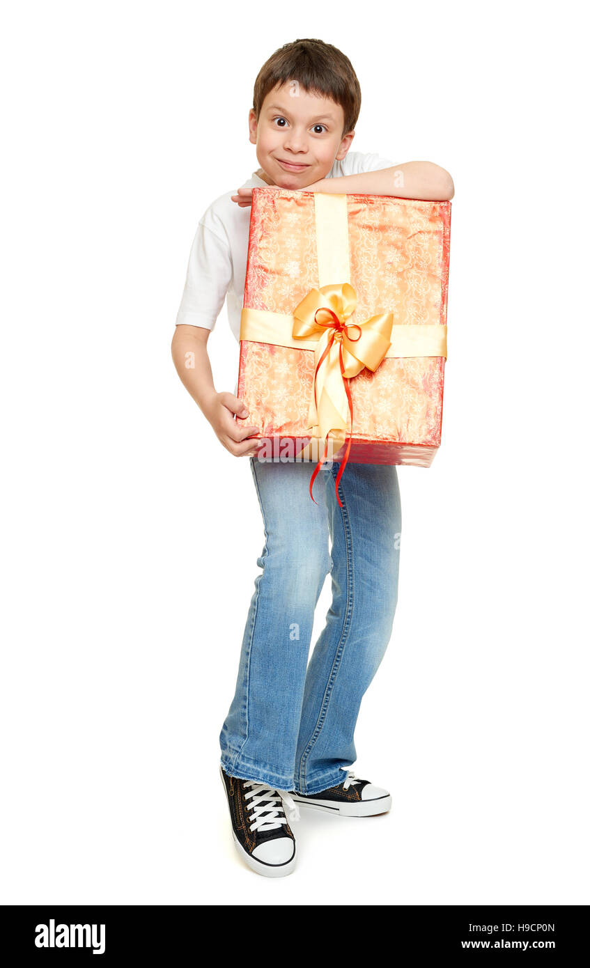 child boy with box gift isolated on white background, holiday concept ...