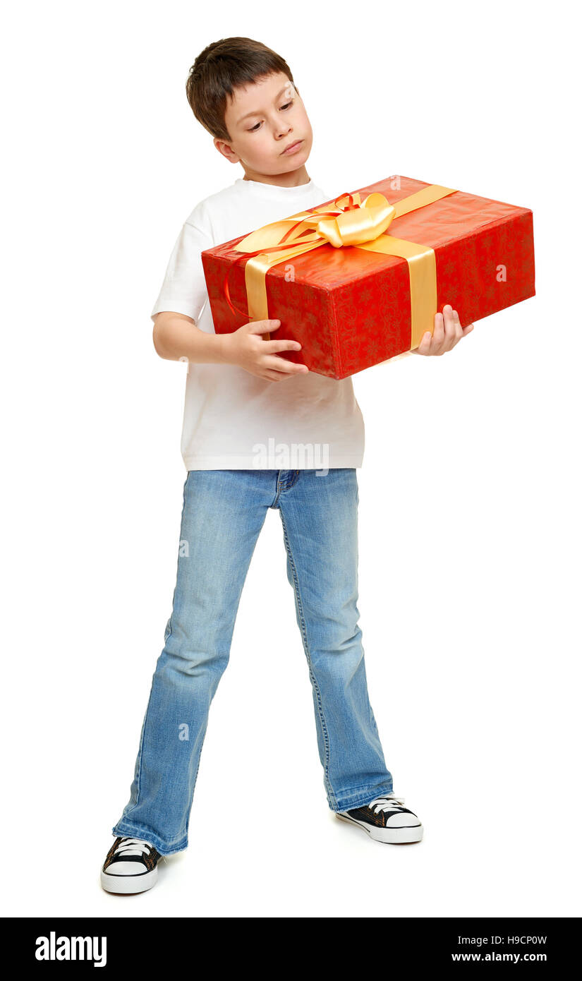 child boy with box gift isolated on white background, holiday concept ...