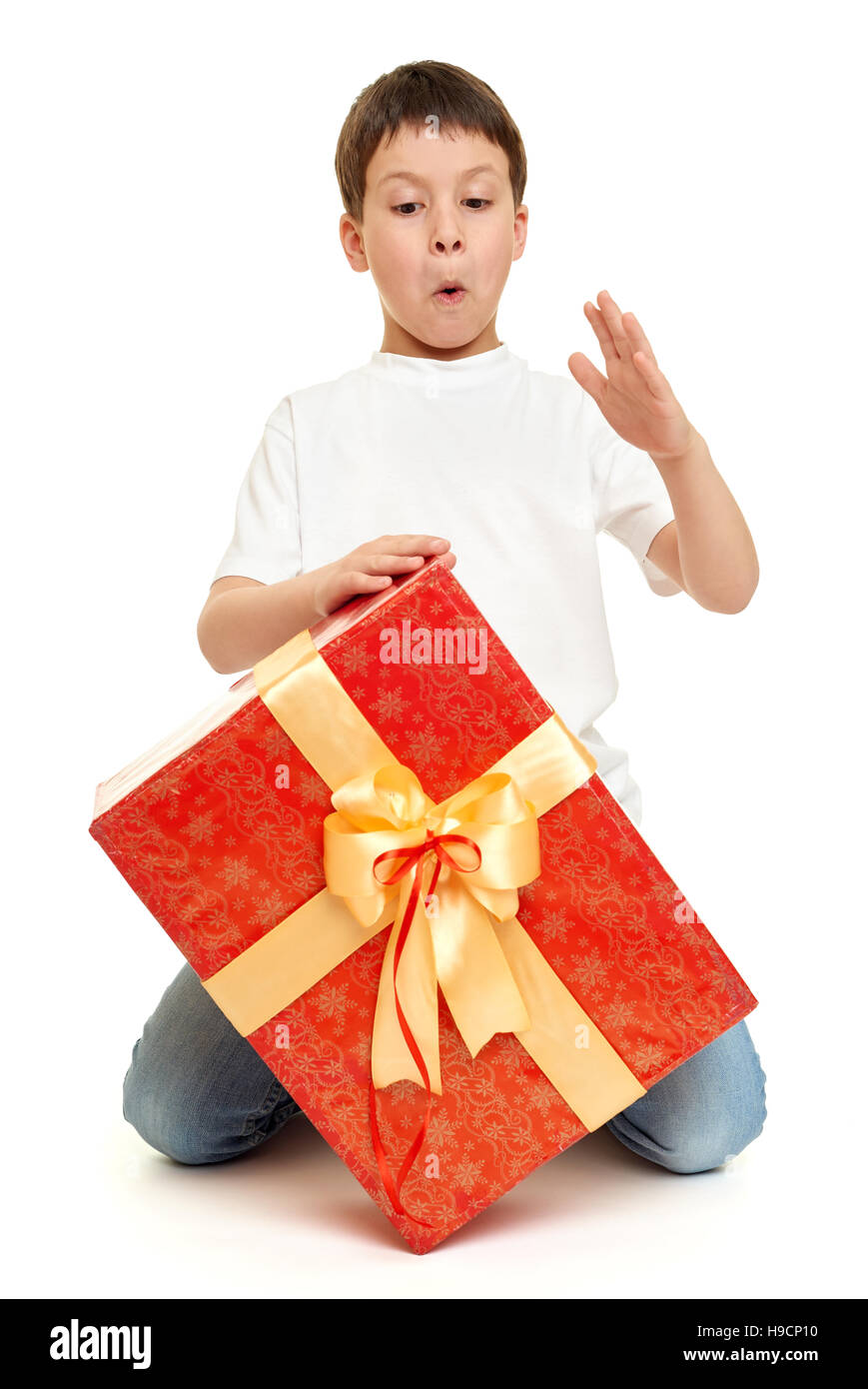 child boy with box gift isolated on white background, holiday concept ...
