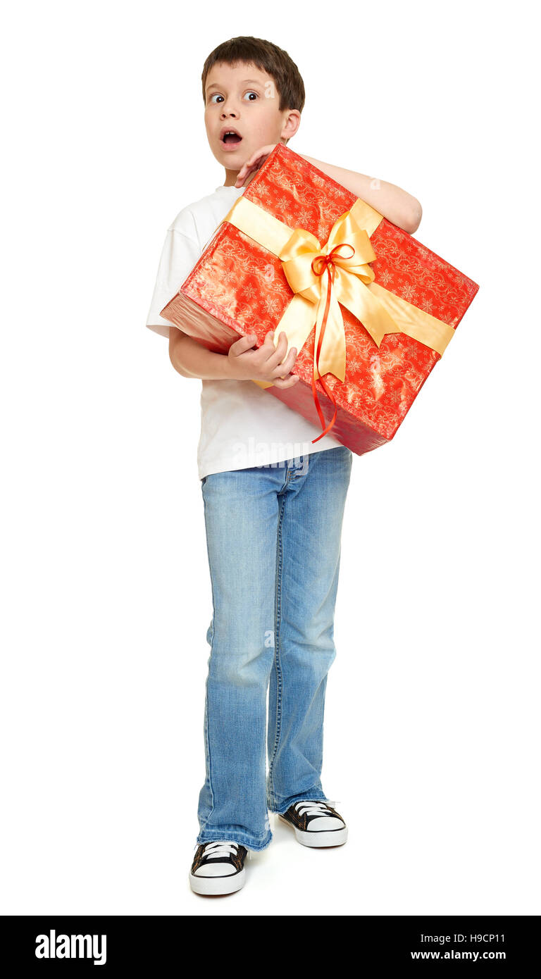 child boy with box gift isolated on white background, holiday concept ...
