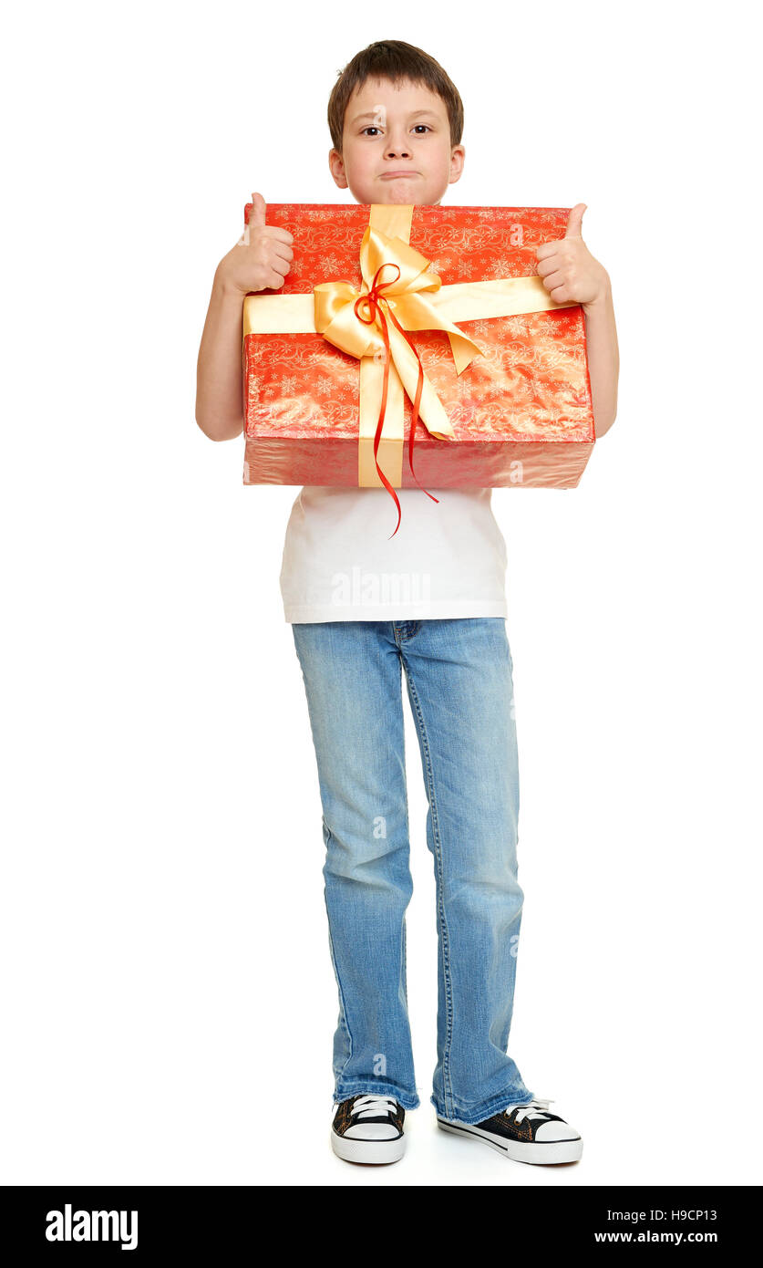 child boy with box gift isolated on white background, holiday concept ...