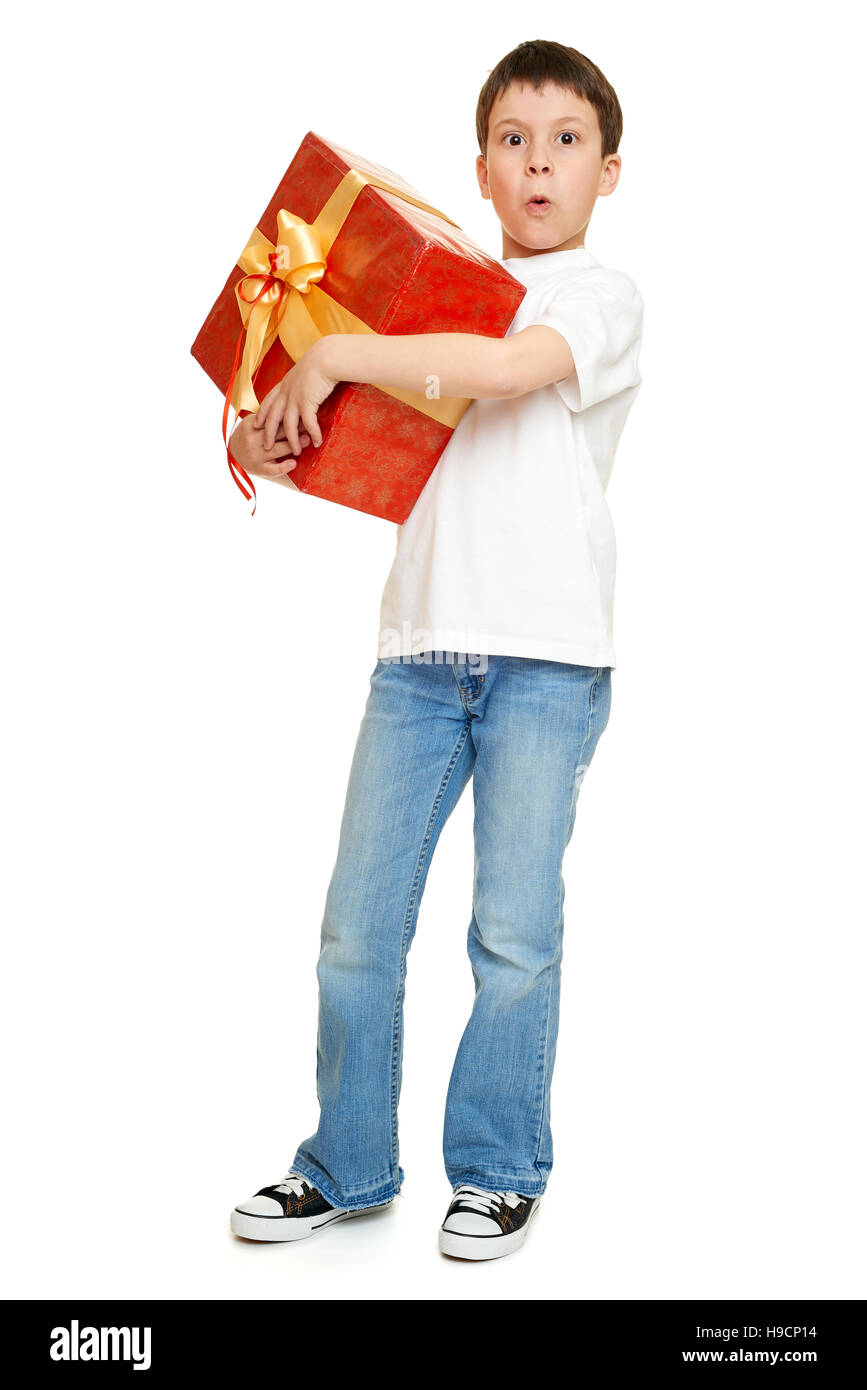 child boy with box gift isolated on white background, holiday concept ...