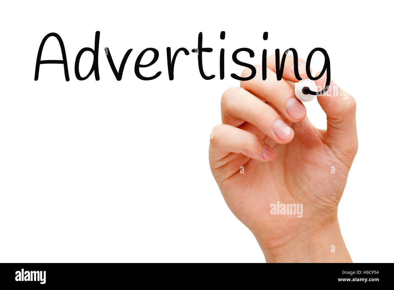 Hand writing Advertising with black marker on transparent wipe board ...