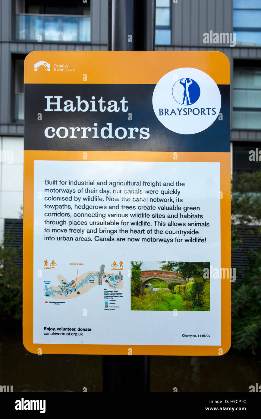 'Habitat Corridors' sign on the Ashton Canal tow path, Ancoats ...