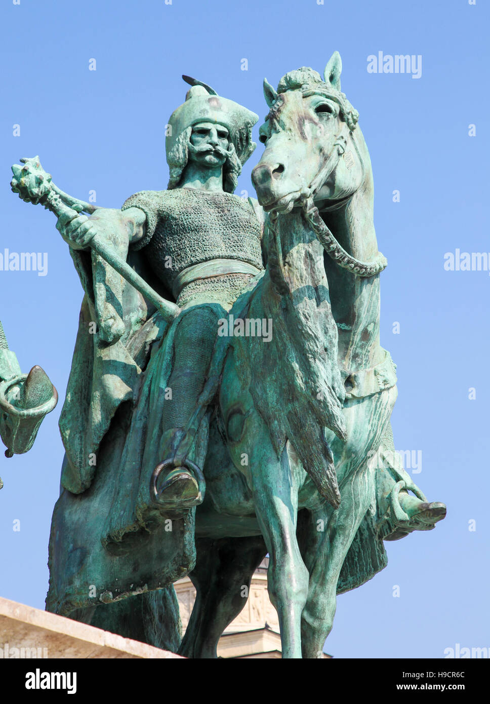 Statue of a Magyar Chieftain in Heroes Square or Hosok Tere in Budapest ...