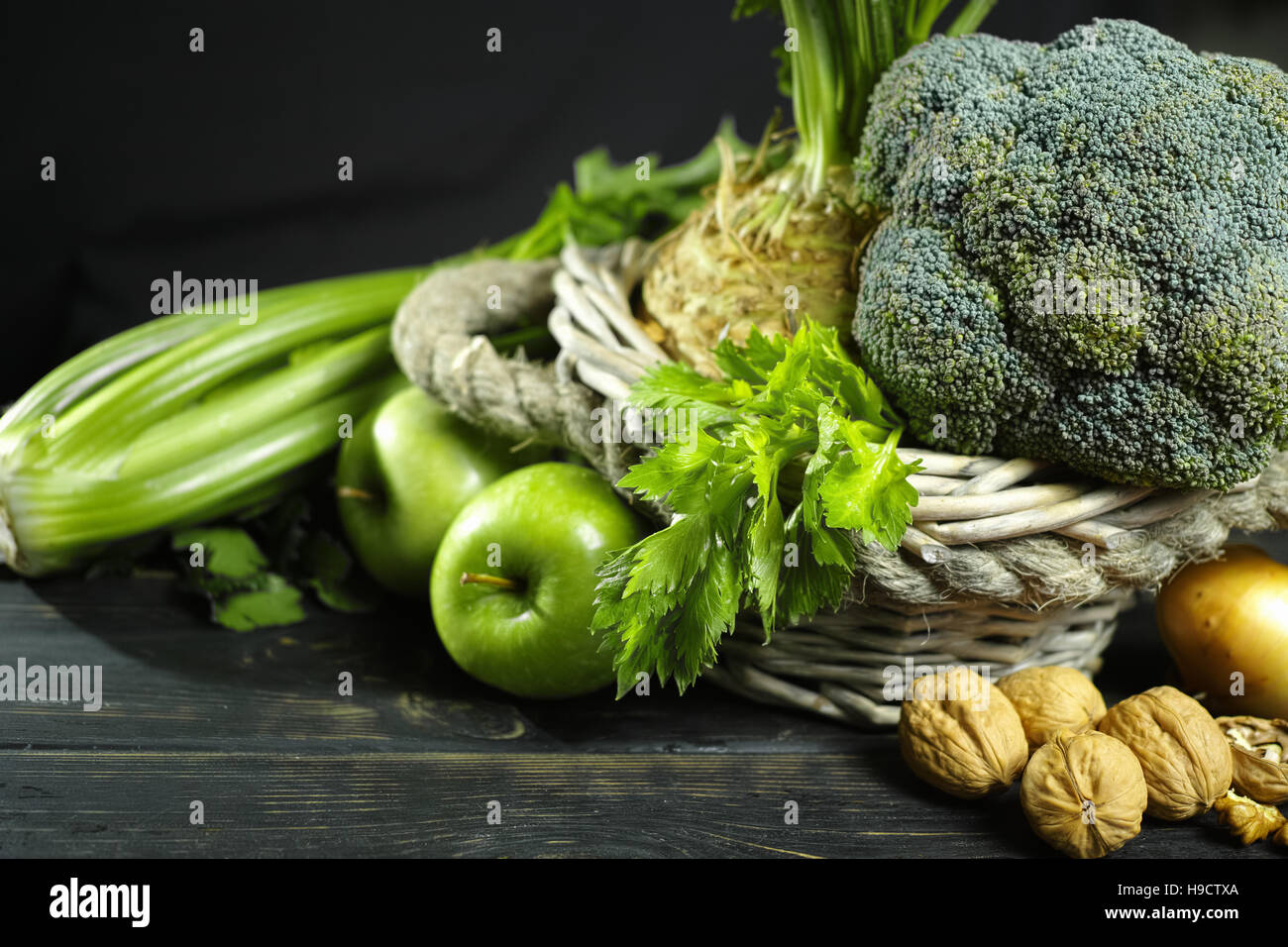 Green vegetables and fruits - celery, apples, celery root celeriac ...
