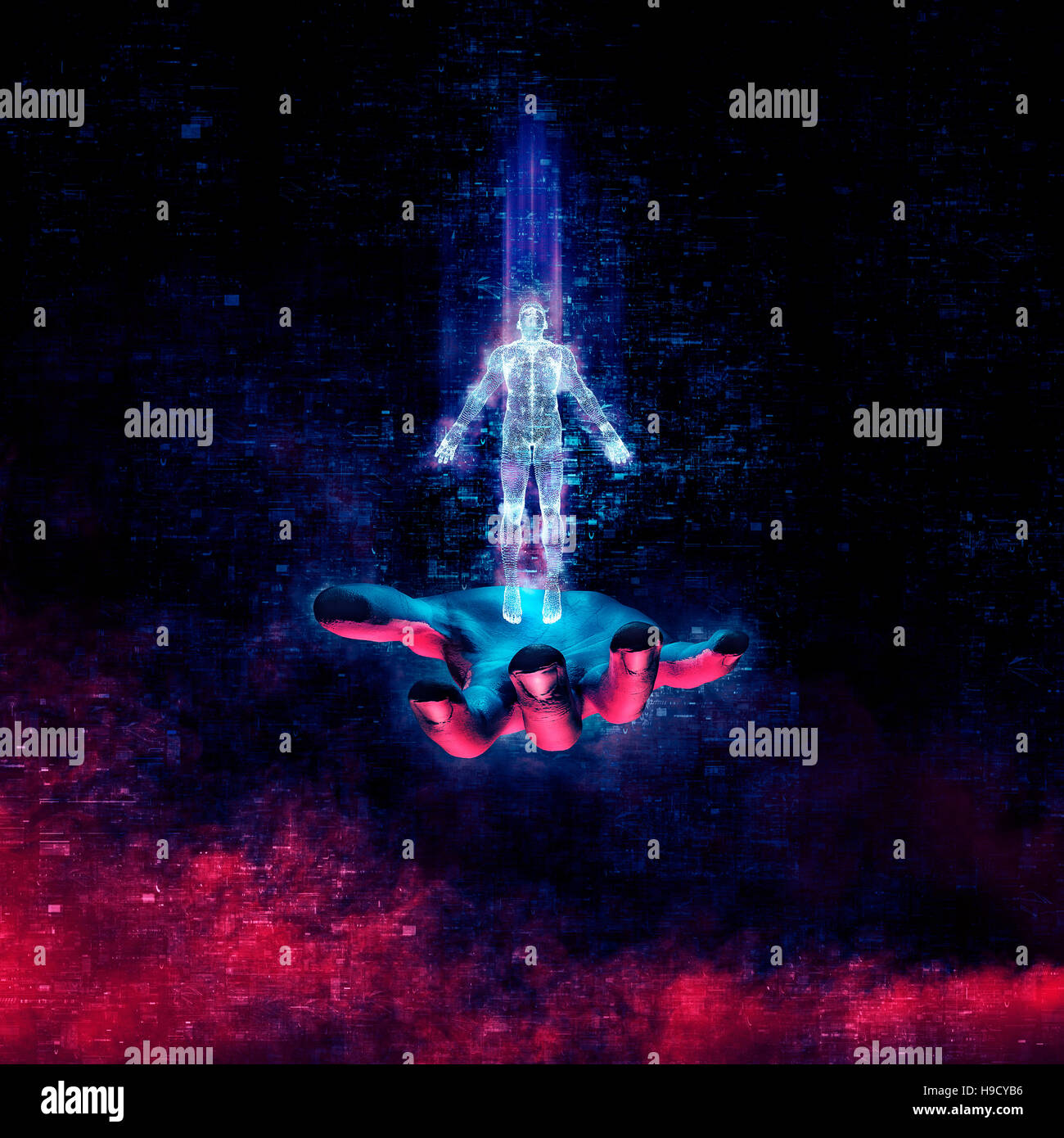 Data human hand / 3D illustration of glowing human form floating above ...