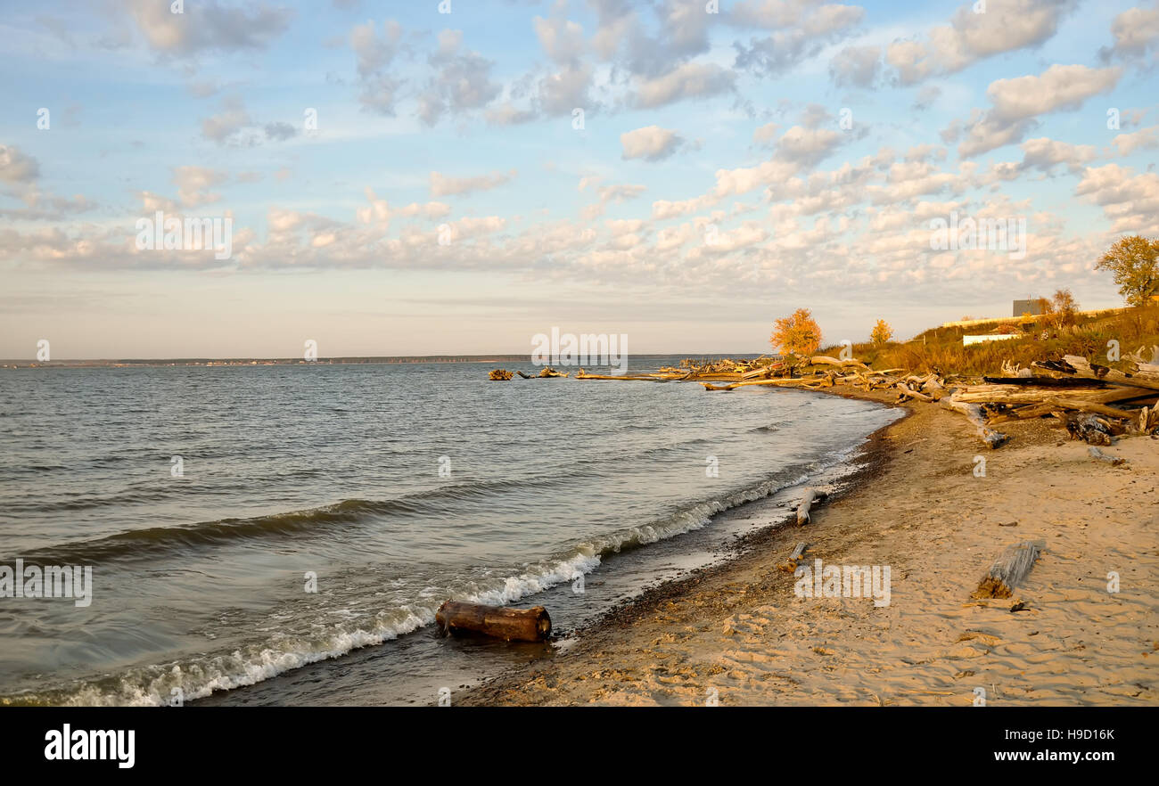 Stump on the seashore. Sunset river landscape Stock Photo - Alamy