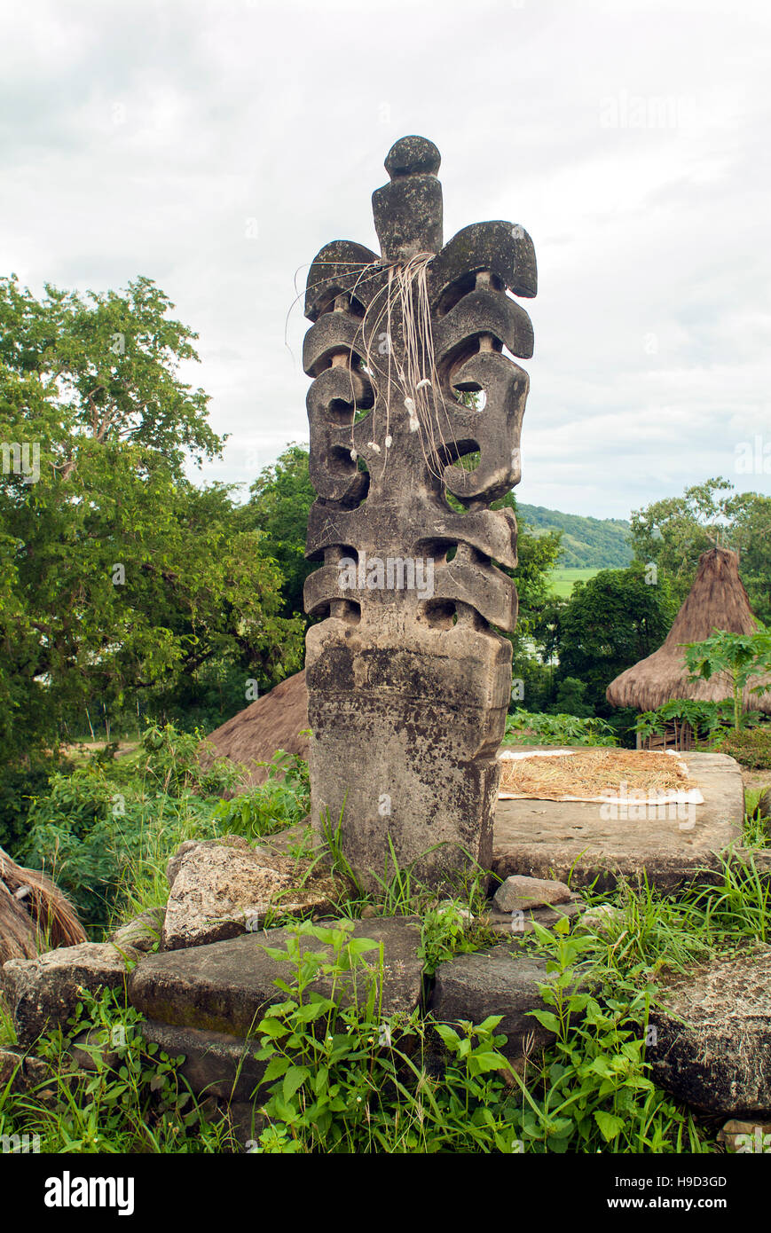 A stone statue in the village of Waigalli in western Sumba, Indonesia ...