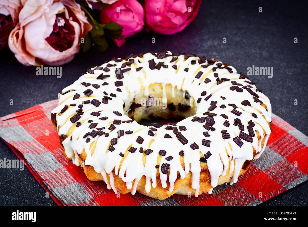 Curd Cake with White Icing and Chocolate Studio Photo Stock Photo - Alamy