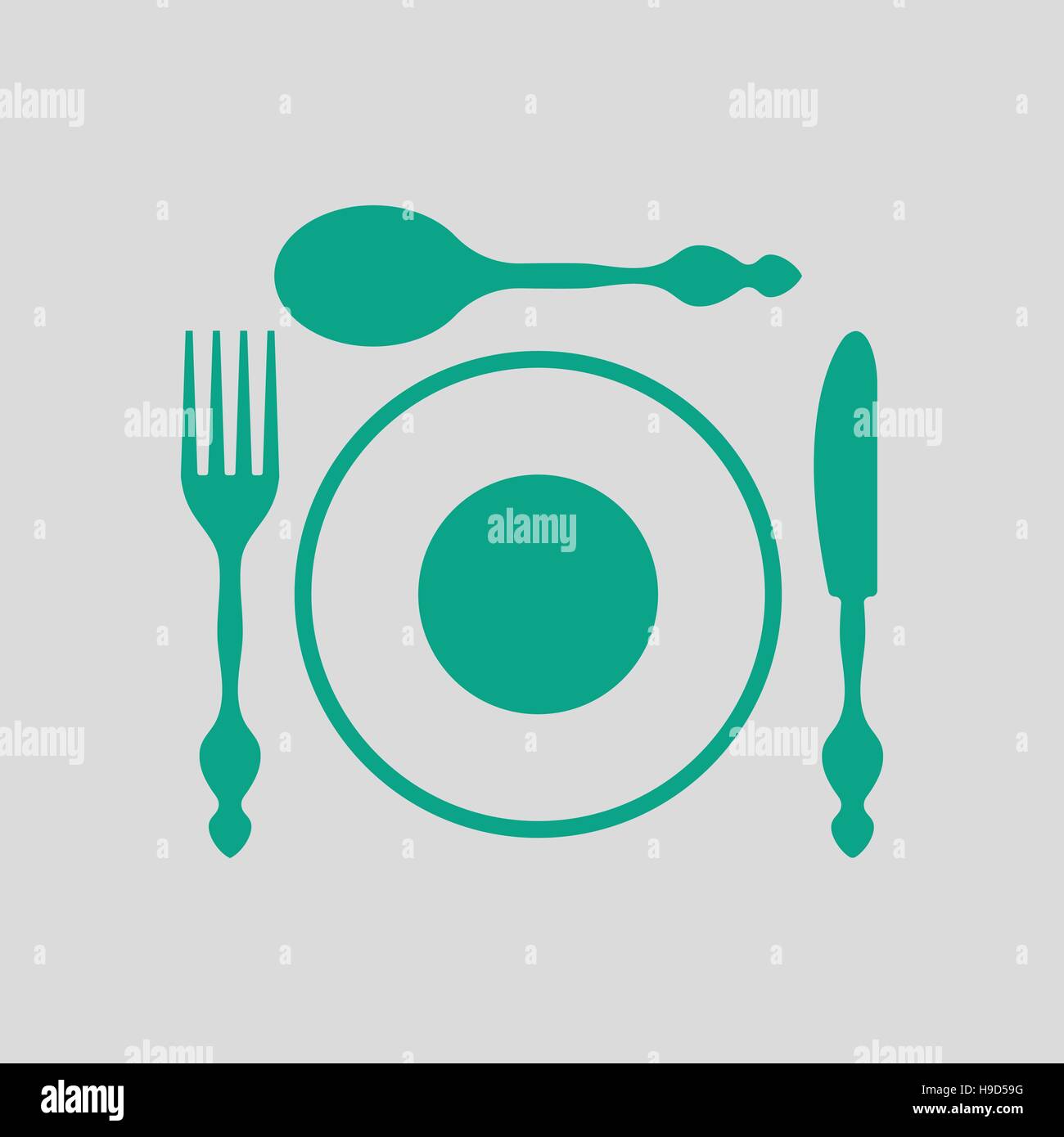 Silverware and plate icon . Gray background with green. Vector ...