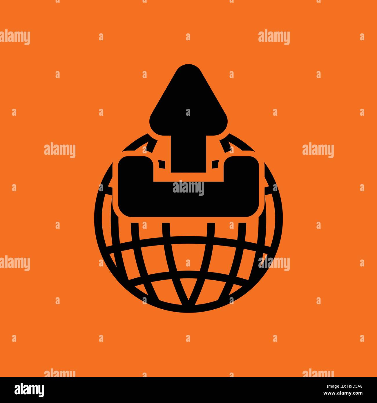 Globe with upload symbol icon. Orange background with black. Vector ...