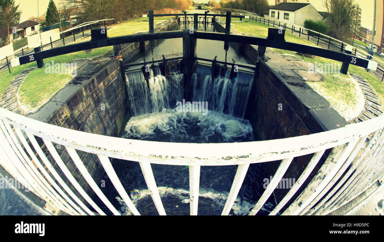 waterfall from a lock bridge on the Forth and Clyde canal, Glasgow ...