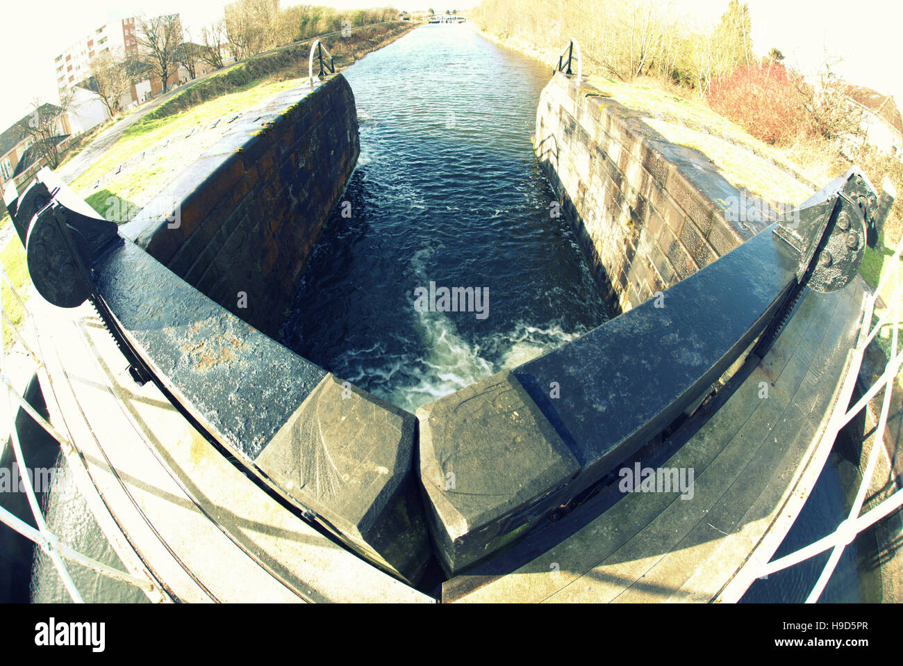 waterfall from a lock bridge on the Forth and Clyde canal, Glasgow ...