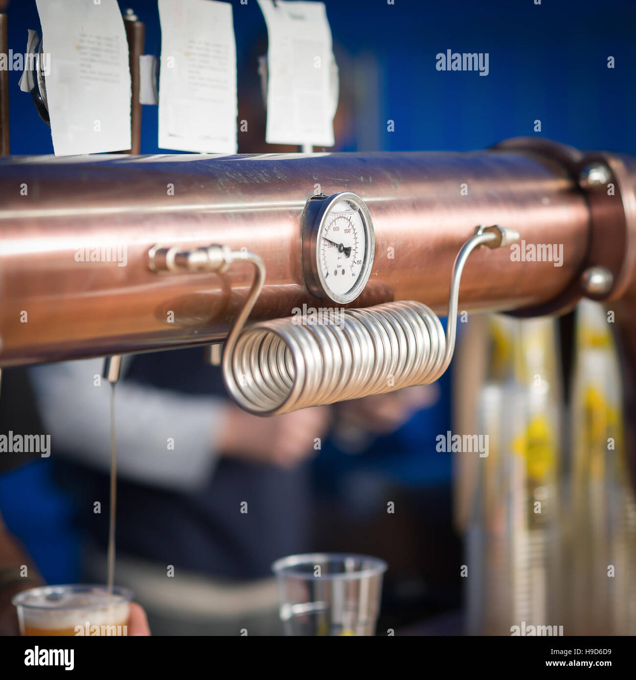 Detail of the draft beer system. Pressure gauge and drain pressure ...