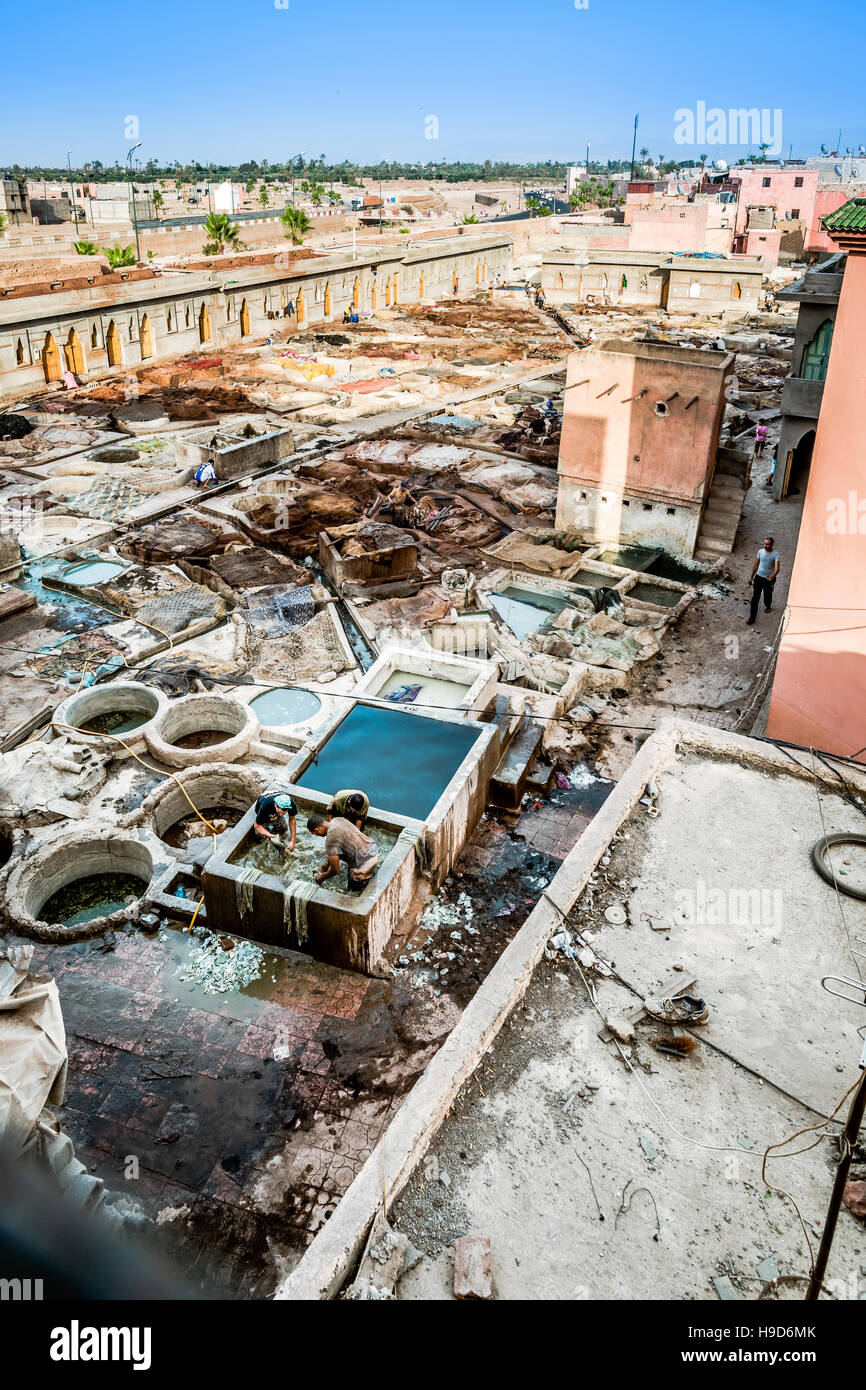 Birds eye view of the tanneries in Marrakesh, Morocco, Africa Stock ...