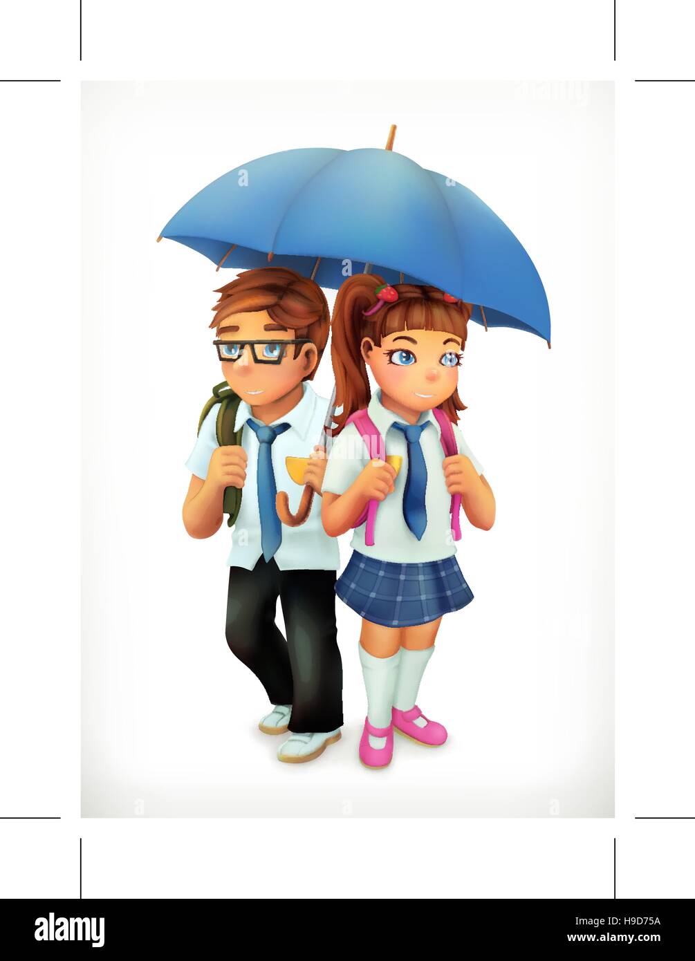 Boy and girl under an umbrella. Pupils cartoon character. Vector icon ...