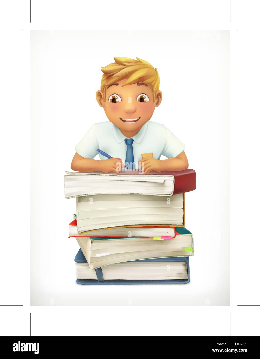 Pupil and school textbooks. Little boy cartoon character. Vector icon ...