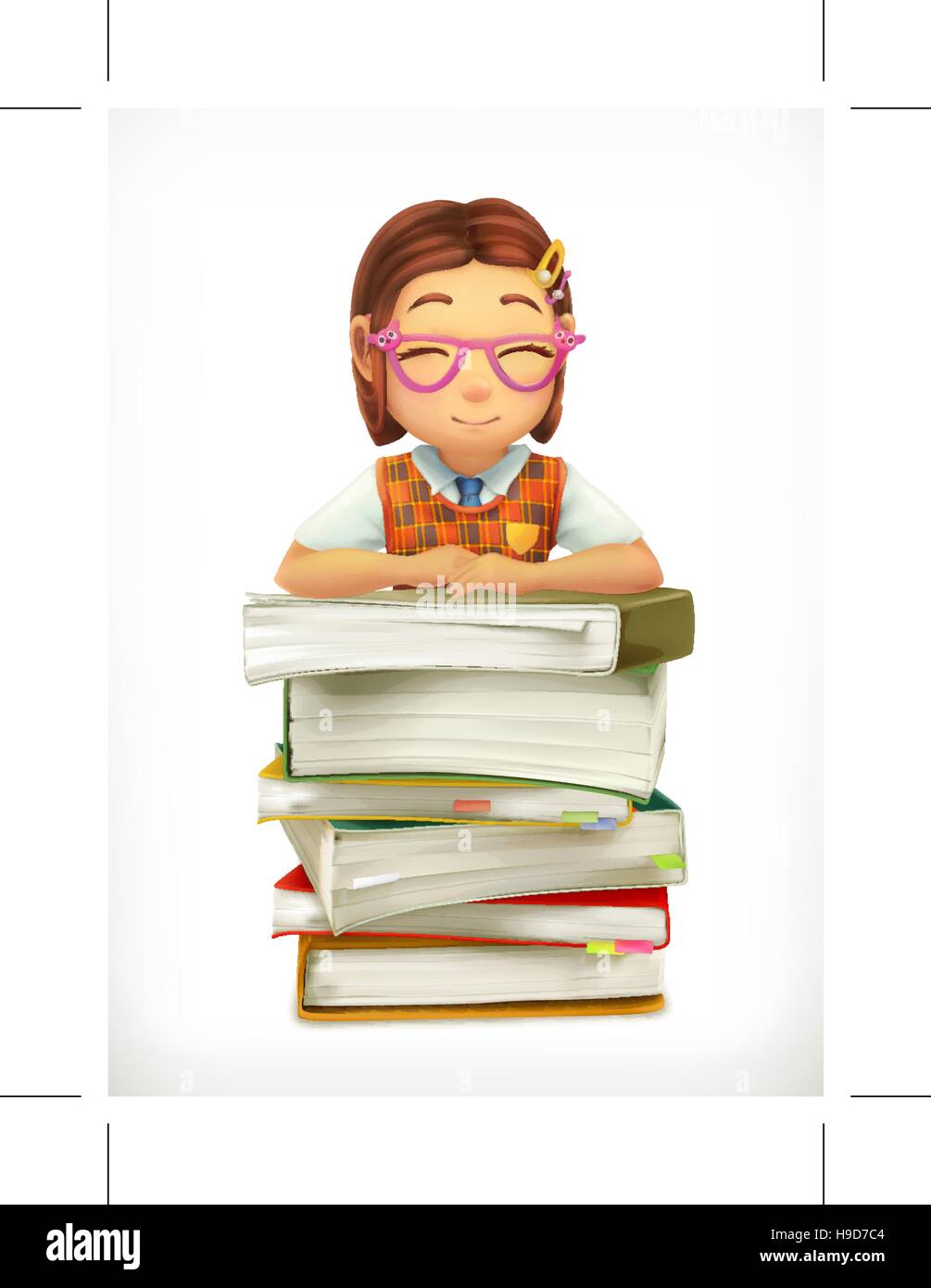 Pupil and school textbooks. Little girl cartoon character. Vector icon ...
