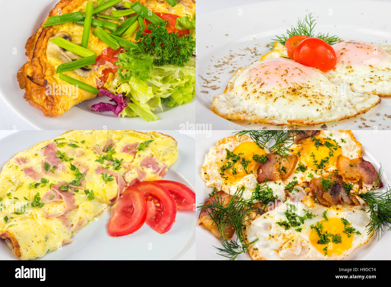 image set illustrating frur types of fried egg and omelette for ...