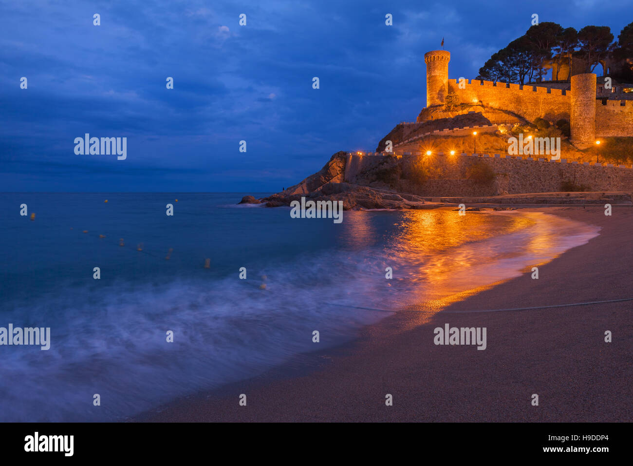 Tossa de Mar beach and castle by night at Costa Brava, Catalonia, Spain ...