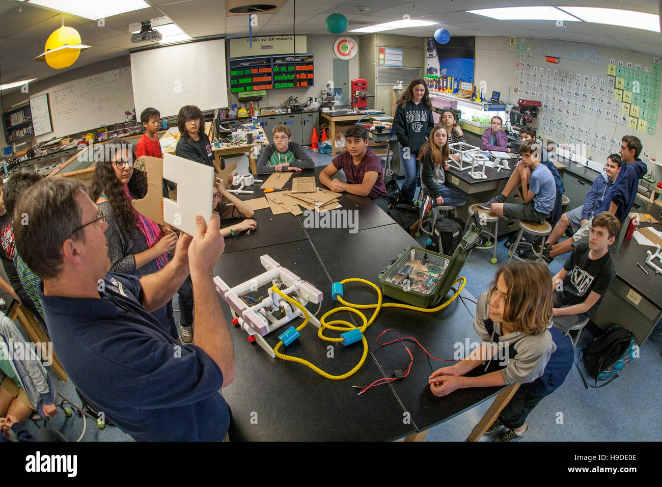 A middle school science teacher in Mission Viejo, CA, shows his STEM ...