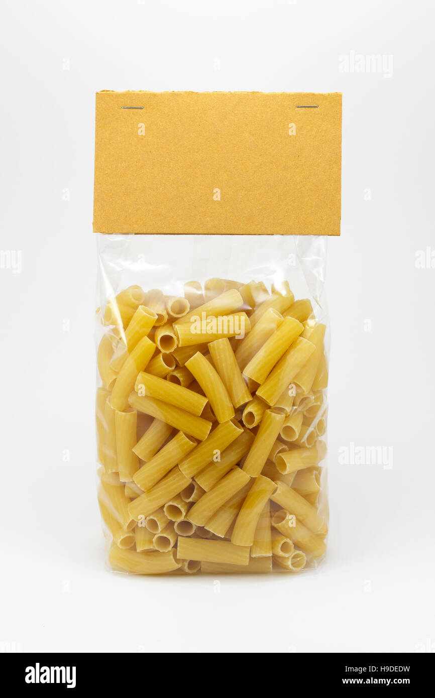 Macaroni plastic package, with blank label on top Stock Photo - Alamy